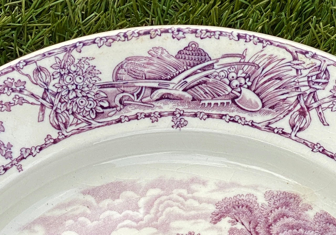 Purple Transferware Platter Charger Tray Rural Scenes Thatched Cottage
