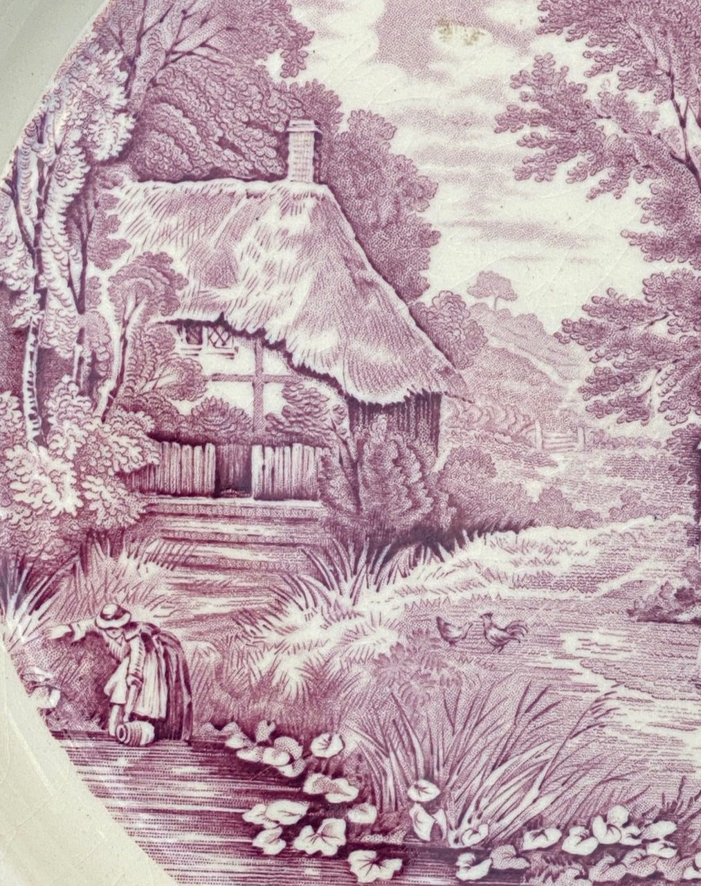 Purple Transferware Platter Charger Tray Rural Scenes Thatched Cottage
