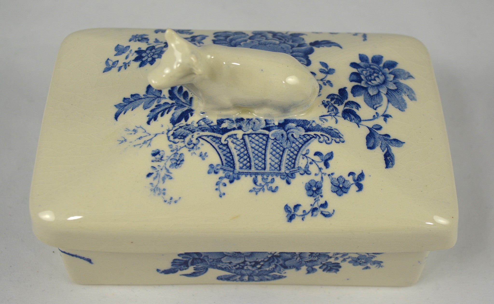 Figural Cow Topped Lidded Butter Box or Tea Caddy Charlotte Blue Trans