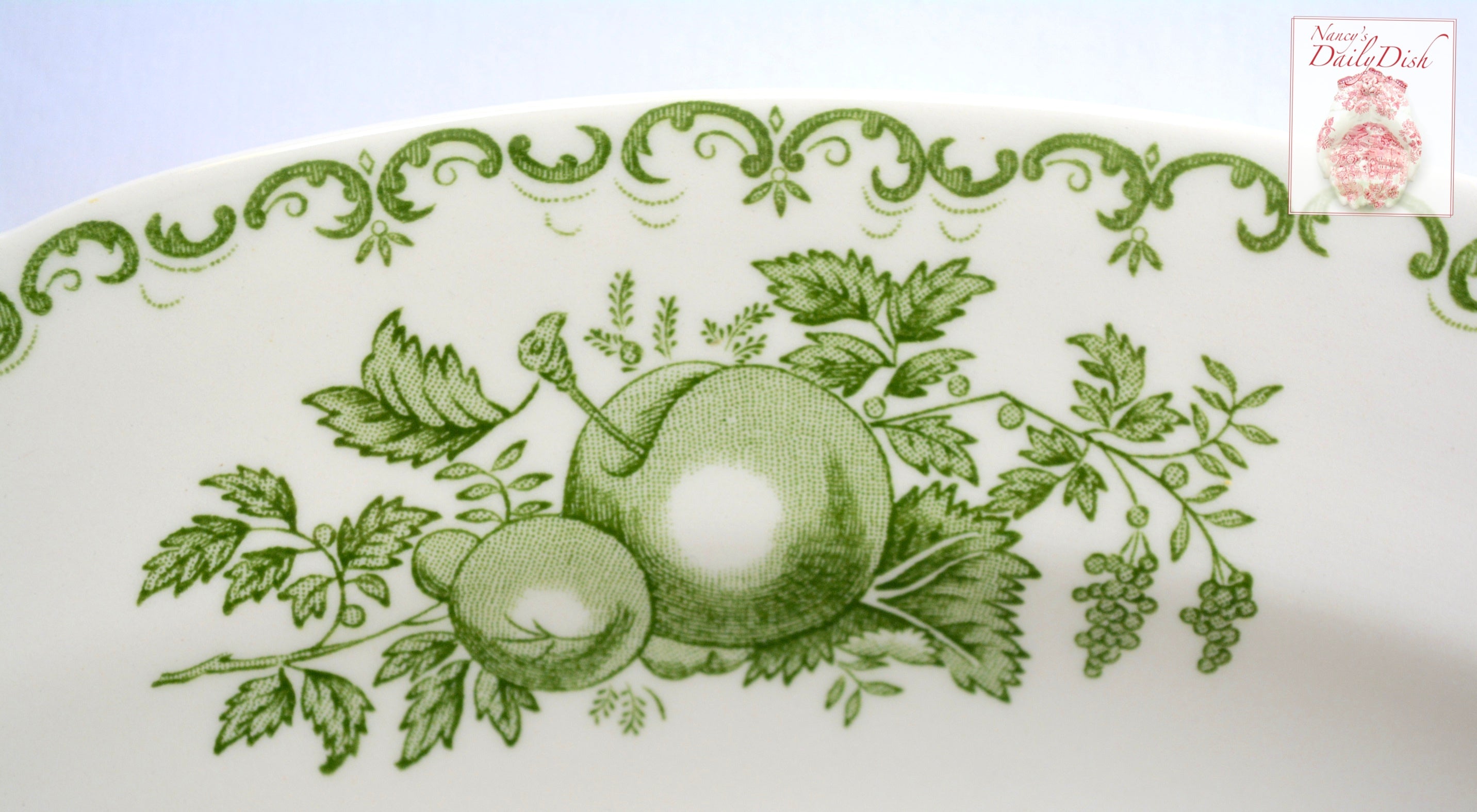 Vintage English Green Transferware Dinner Plate Basket of Fruits & Fol