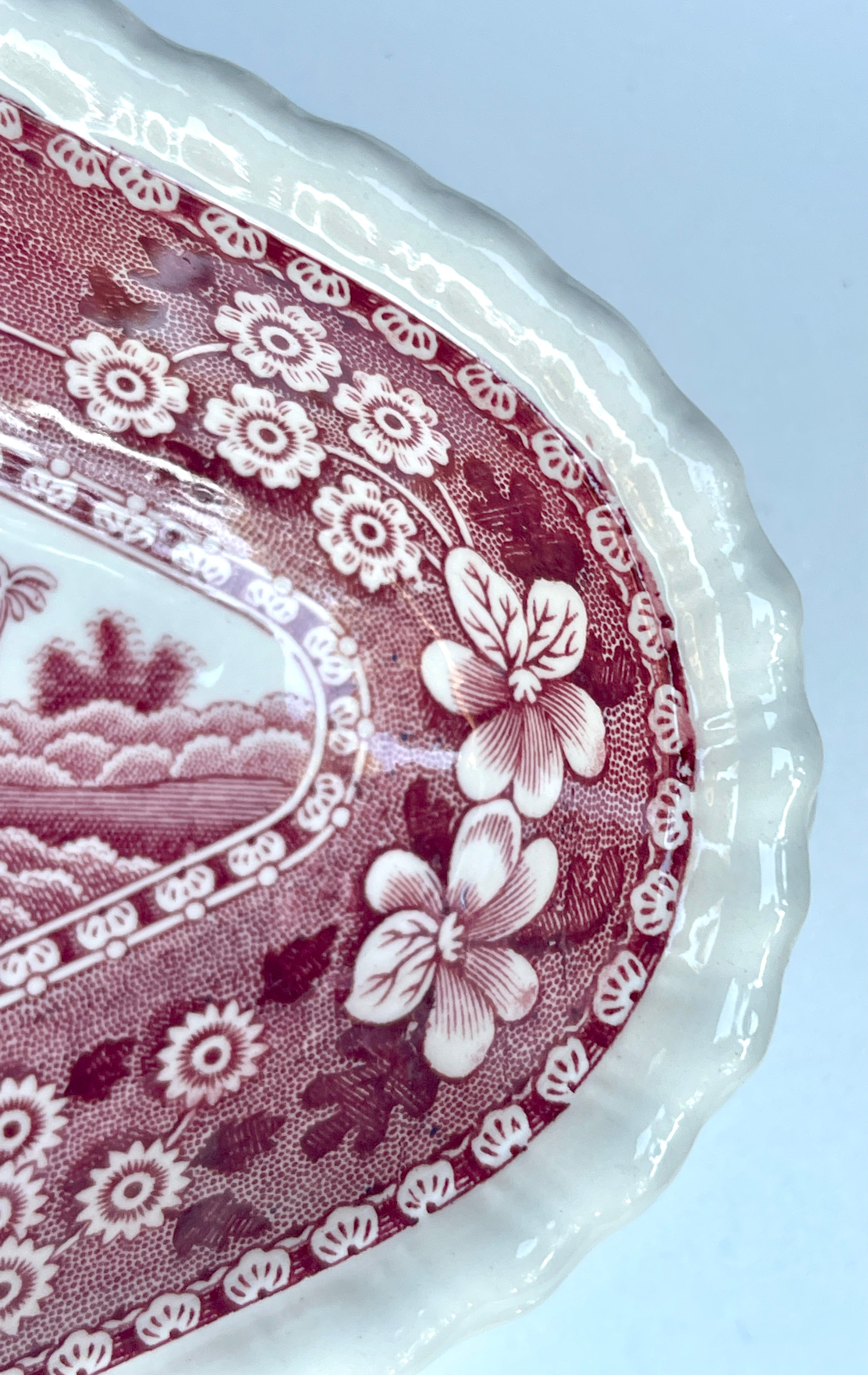 Pink Red Toile TRANSFERWARE 10” Plate Castle on Lake Foxgloves Roses