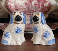 Small Pair White w/ Blue Roses English Staffordshire Spaniel Wally Dog