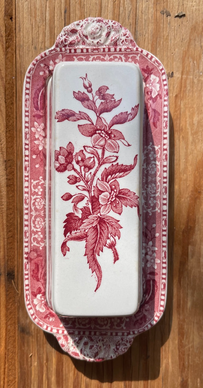 Vintage RARE Spode Camilla Red Transferware Butter Dish Copeland