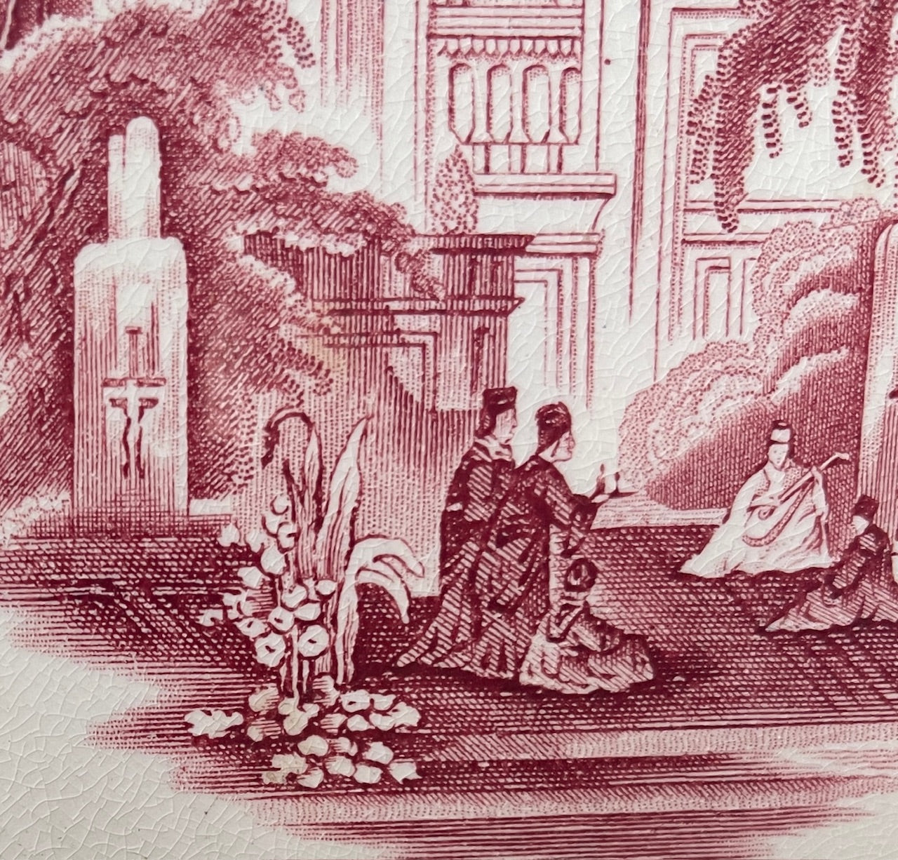 Antique 19th Century Red Transferware Lily of the Valley Garden Buda P