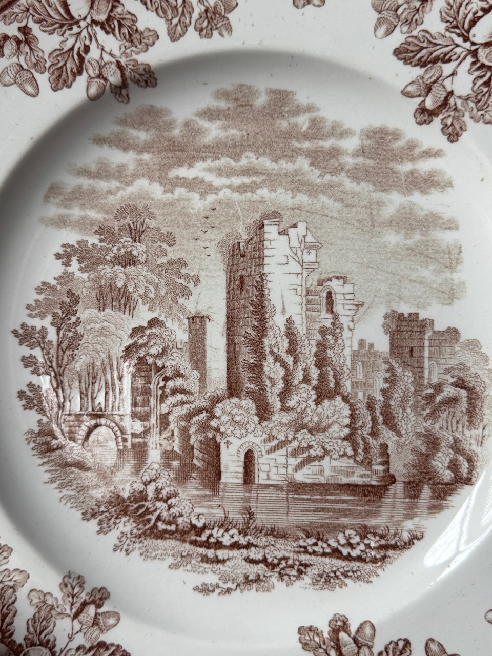 Copeland Spode Circa 1880 Ruins Brown Transferware Plate Oak Leaves Ac