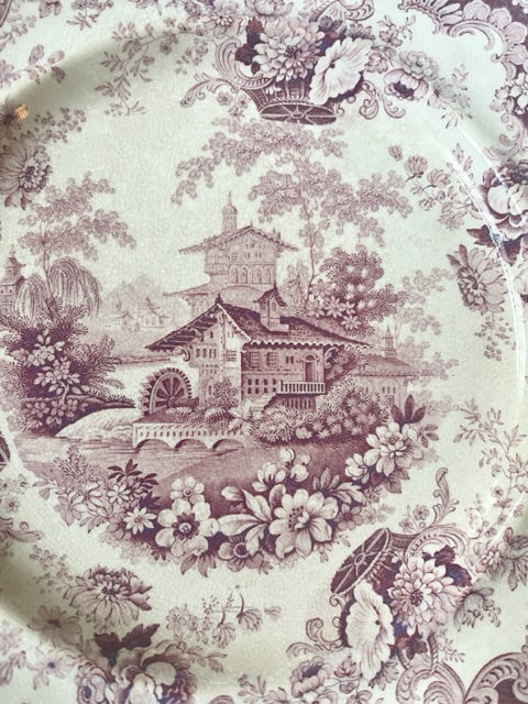 English Victorian Purple Transferware Plate Swiss Chalet Lake Ralph St
