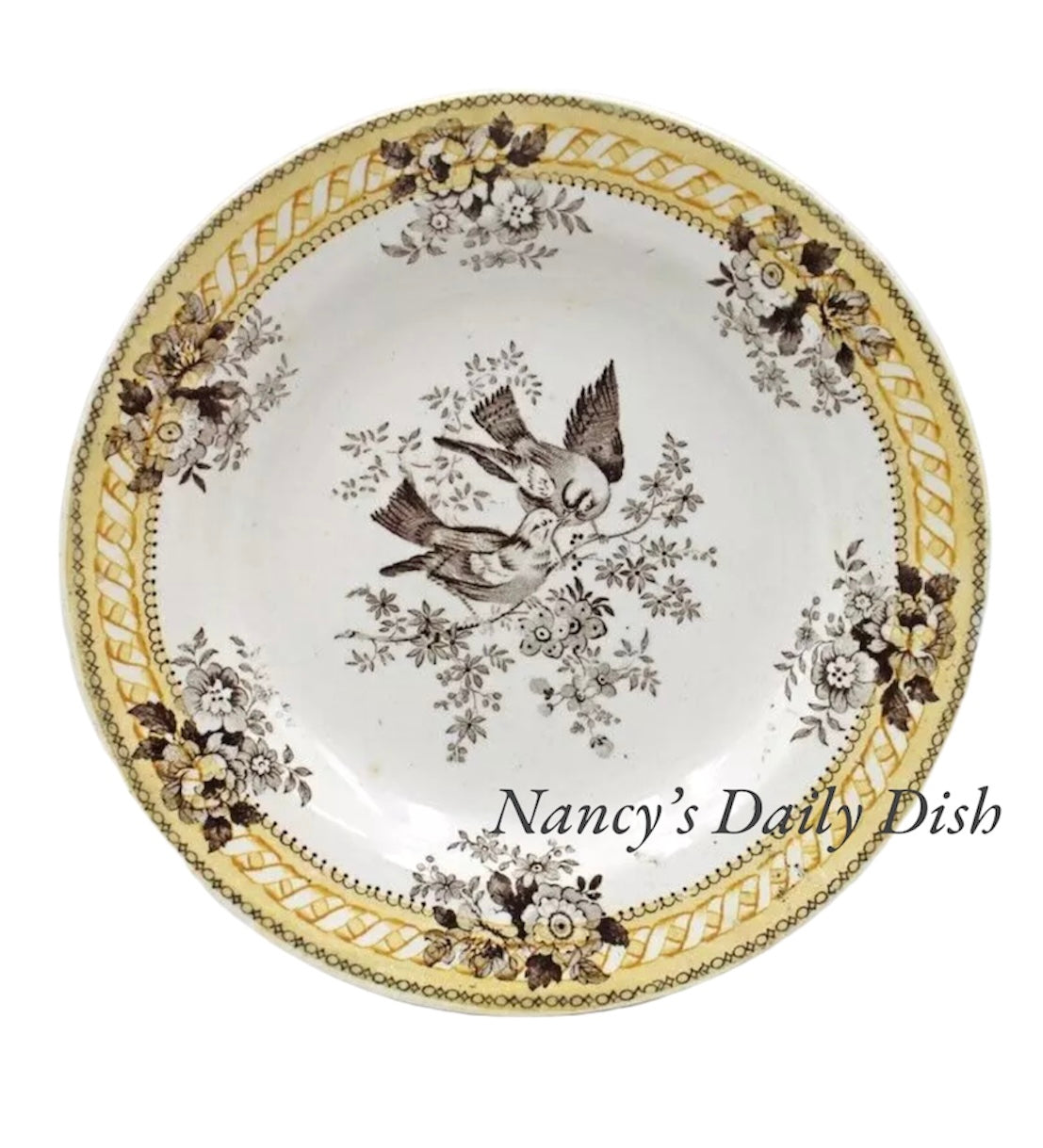 RARE Ca 1835 Bi Color Yellow Transferware Plate Lovebirds in Cornelian