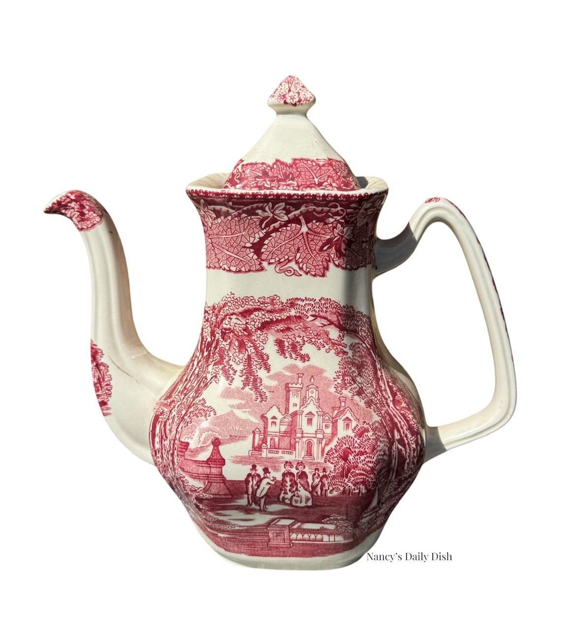 Vintage Red Transferware Masons Vista Square Tall Teapot Coffee Pot Oa