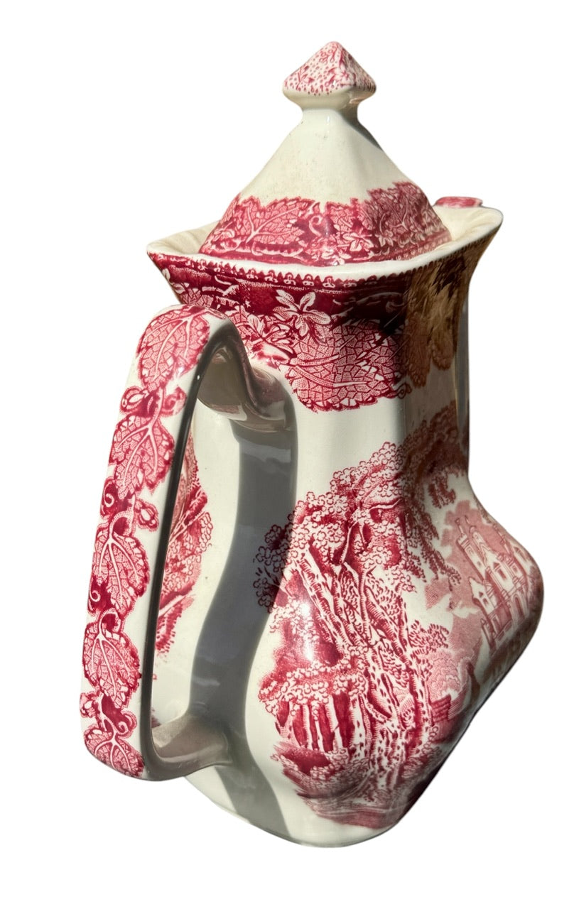 Vintage Red Transferware Masons Vista Square Tall Teapot Coffee Pot Oa