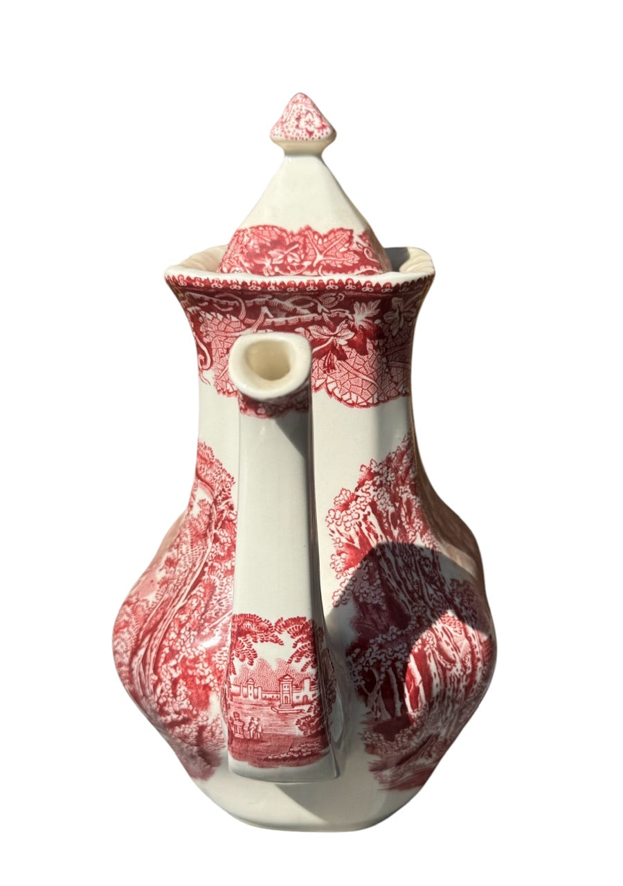 Vintage Red Transferware Masons Vista Square Tall Teapot Coffee Pot Oa