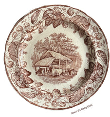 Rusty Brown Transferware Plate Copeland Spode Bucolic Grazing Cows Cat
