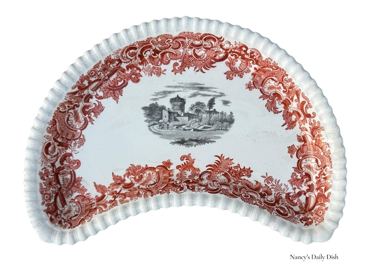 Rare Vintage 2 Color Transferware Crescent Plate Rust Red & Black Spod