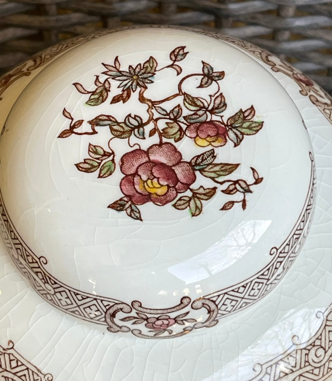 Vintage Brown Transferware Floral Chinoiserie Ginger Jar / Cookie Jar