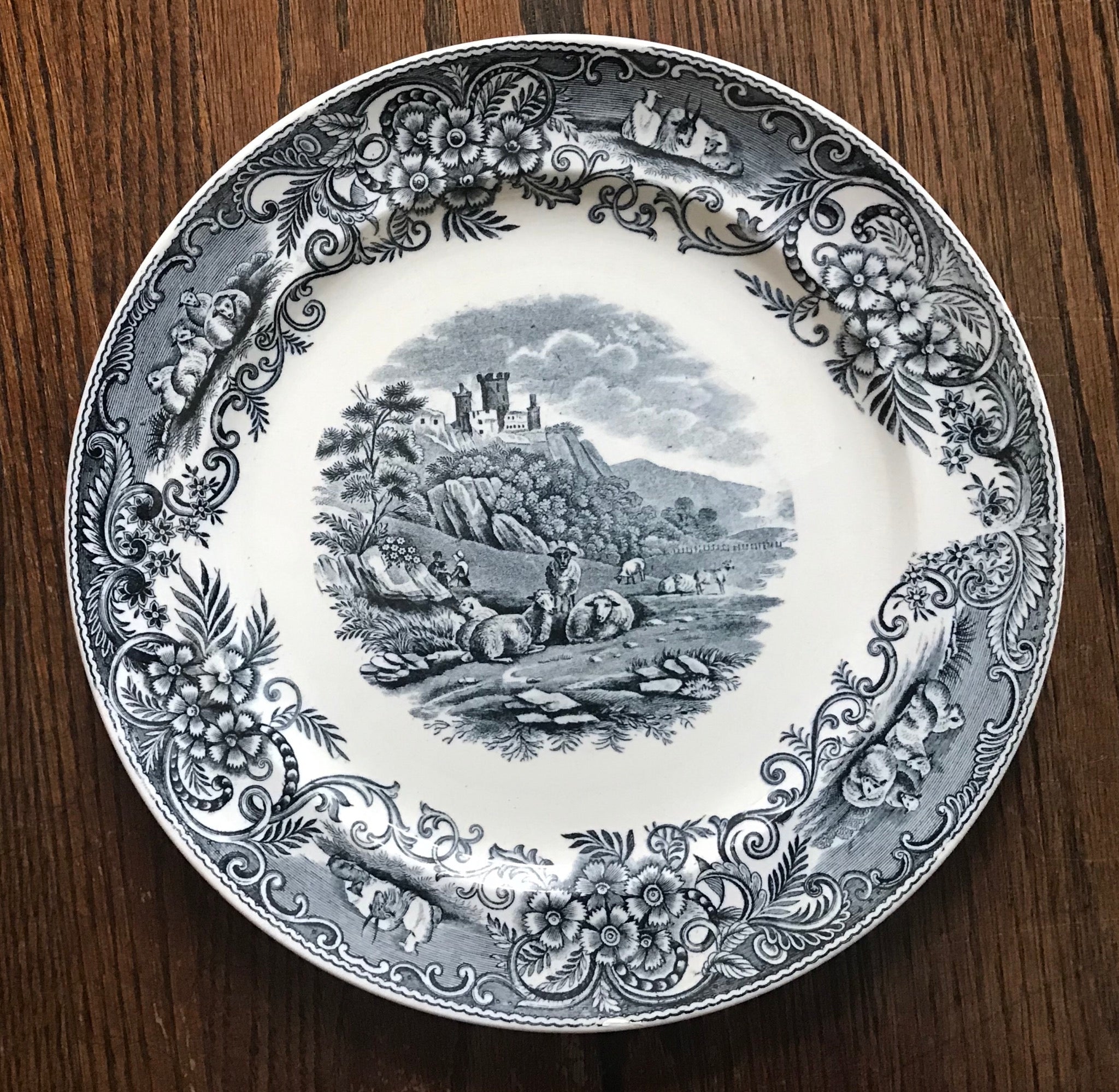 Rare Antique English Grey / Black Transferware Charger / Plate Pastora
