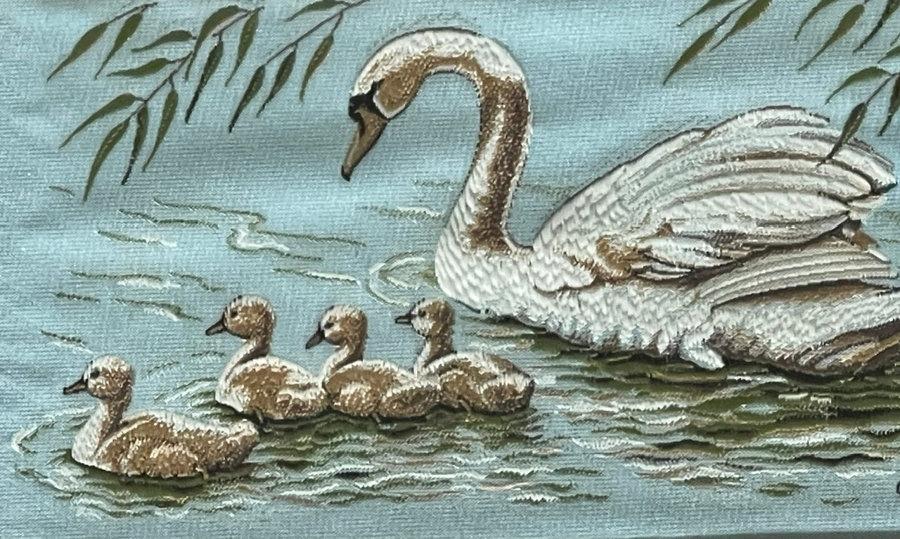 Vintage English Woven 🦢Mute Swan Family Matted & Gold Frame