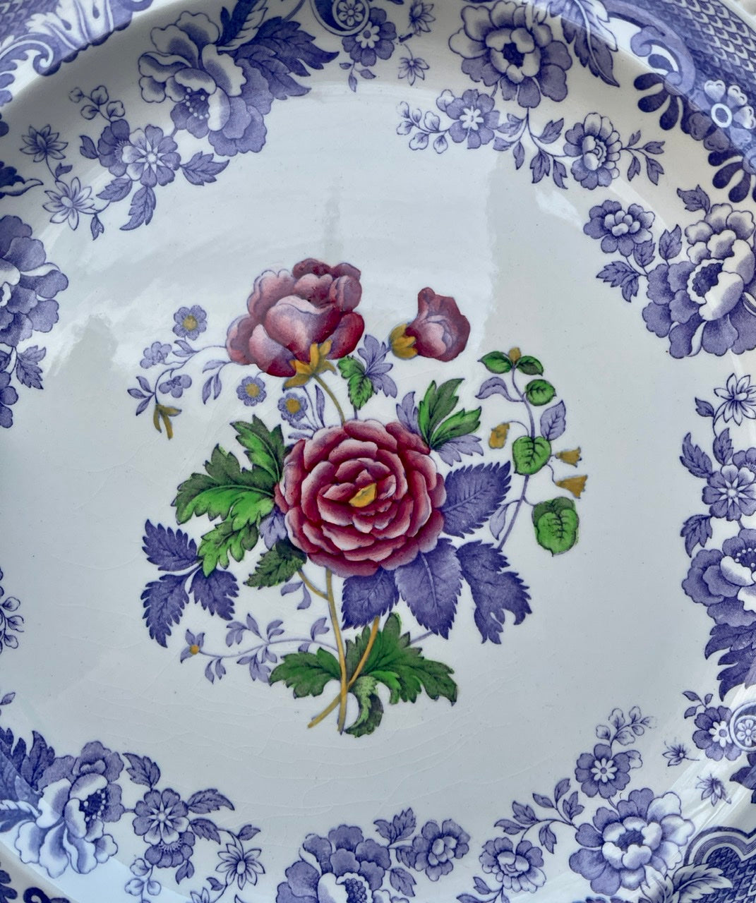 Lg 13" Spode Mayflower Periwinkle Purple / Lavender Transferware Round