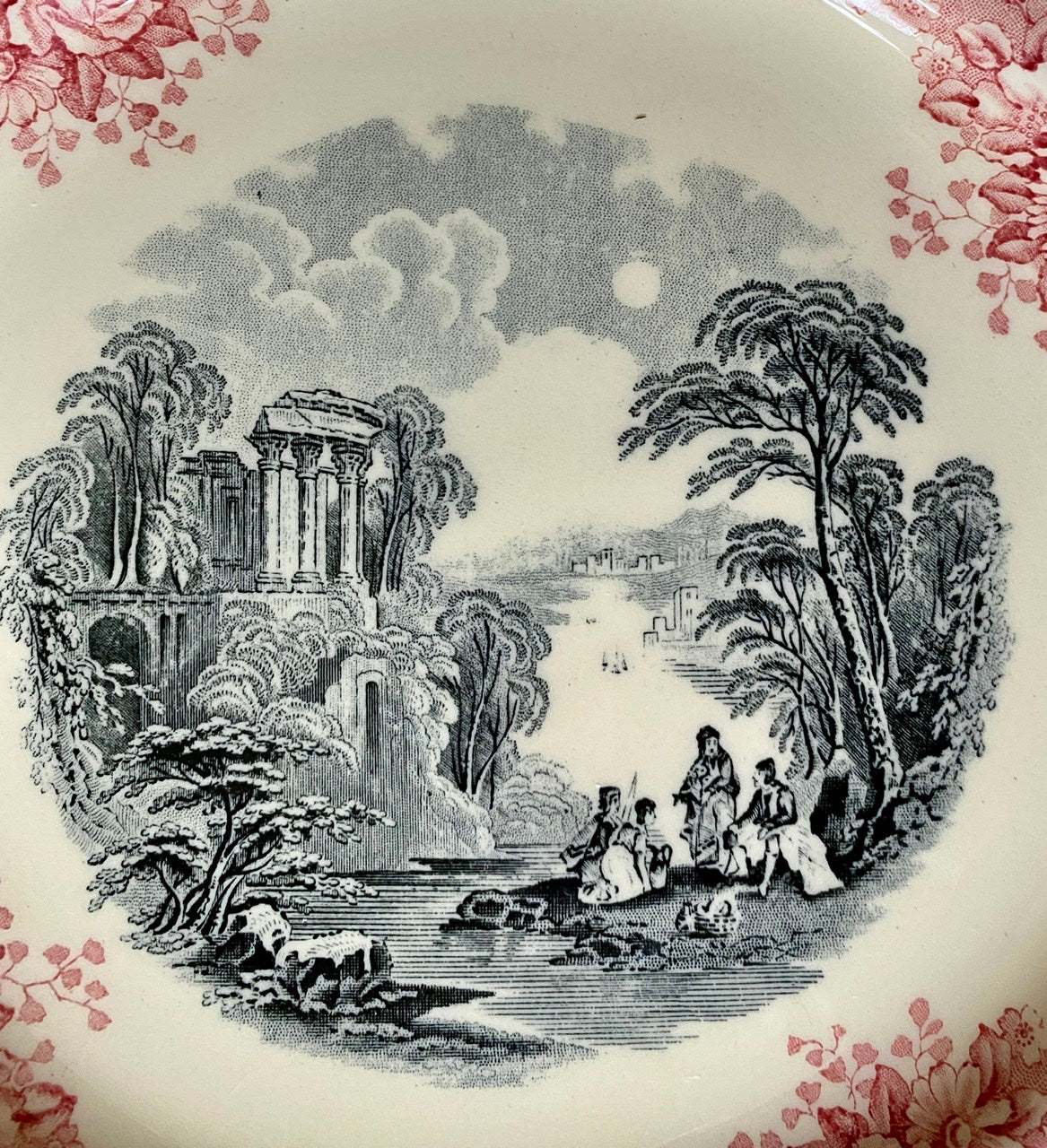 Antique English Pink / Red & Black Bi Color Transferware Scenic Plate