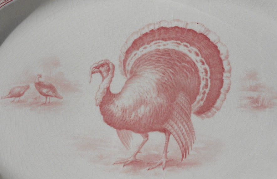 Antique Red Pink Transferware Thanksgiving Turkey Platter Crown Ducal