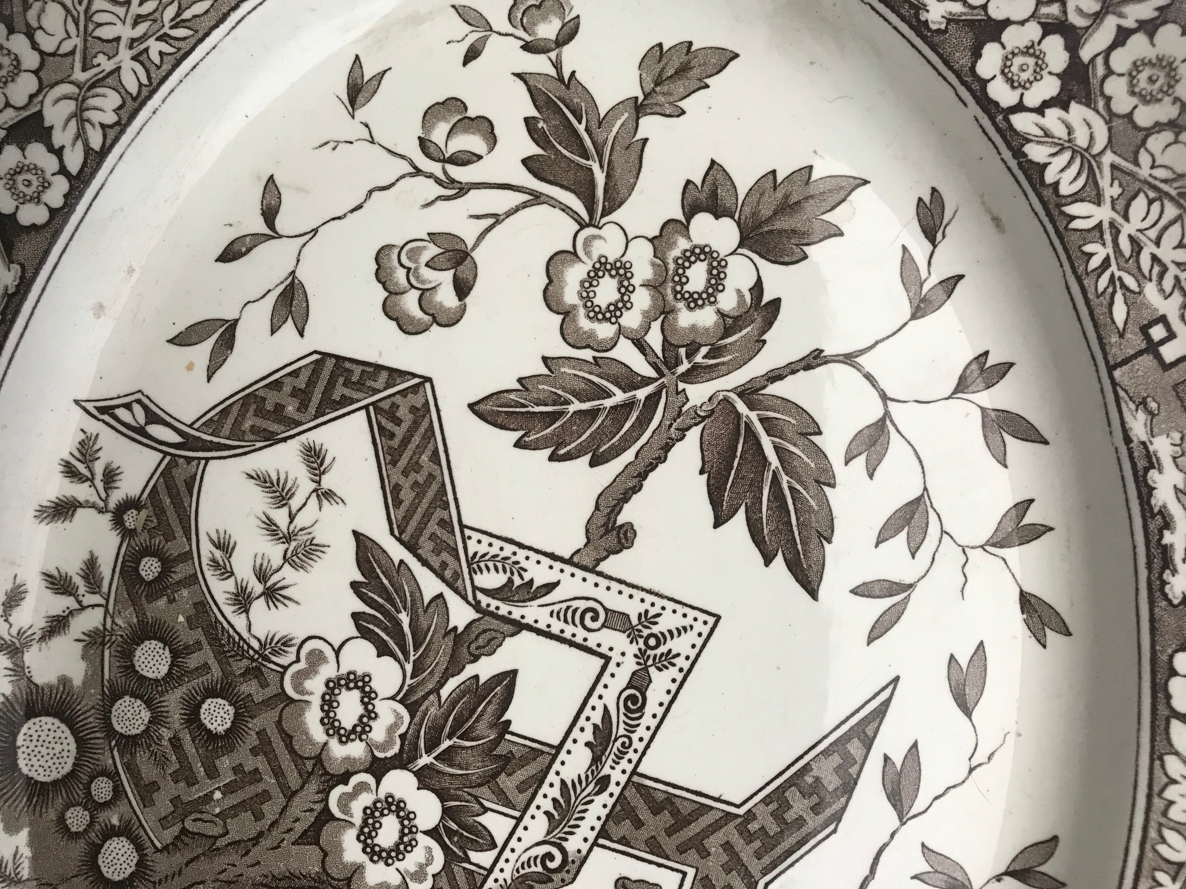Large Victorian Aesthetic Movement Brown Transferware Platter Antique