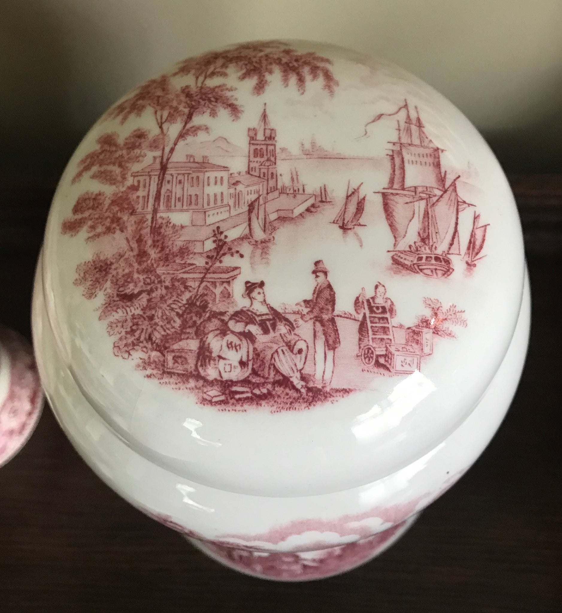 Clipper Ship RARE Red Transferware Ironstone Canister Lidded Jar Safe