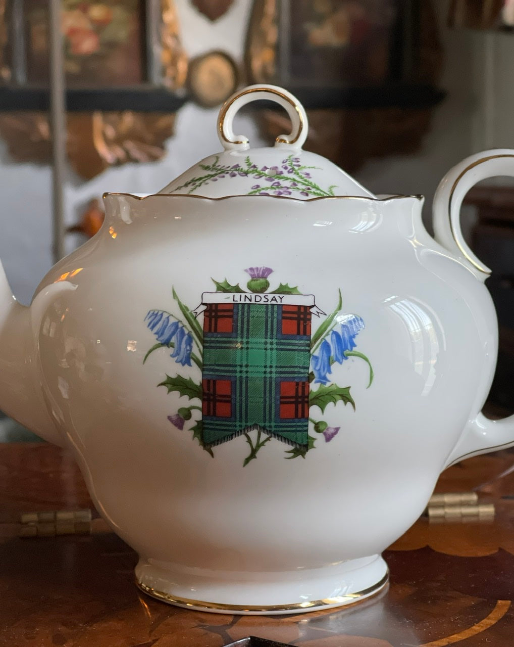 Rare Vintage Scottish Tartan Plaid Teapot w/ Thistle & Clan Lindsay