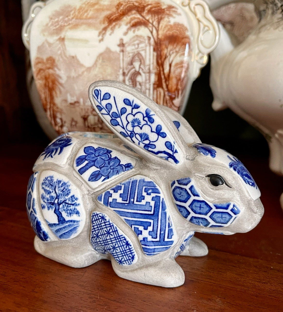 Vintage Pair of Blue & White Mosaic Stoneware Rabbit Figurines / Candl