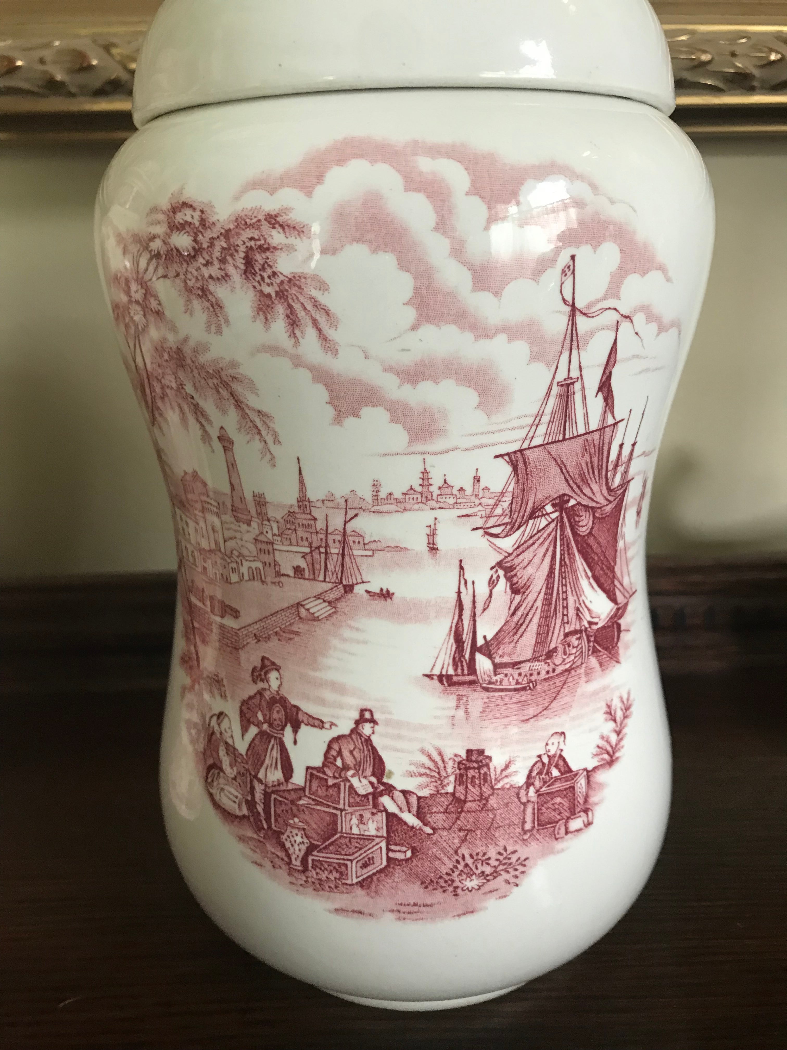 Clipper Ship RARE Red Transferware Ironstone Canister Lidded Jar Safe