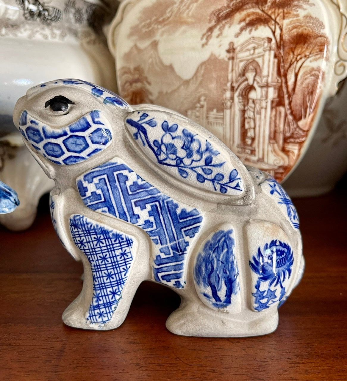 Vintage Pair of Blue & White Mosaic Stoneware Rabbit Figurines / Candl