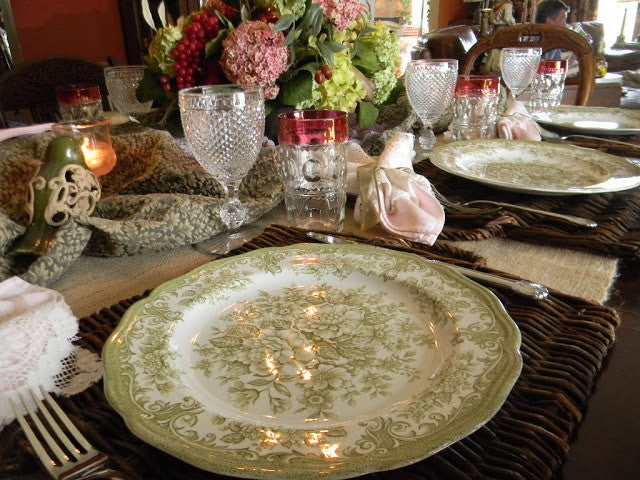 Olive / Sage Green Transferware Plate Roses Bird Butterfly