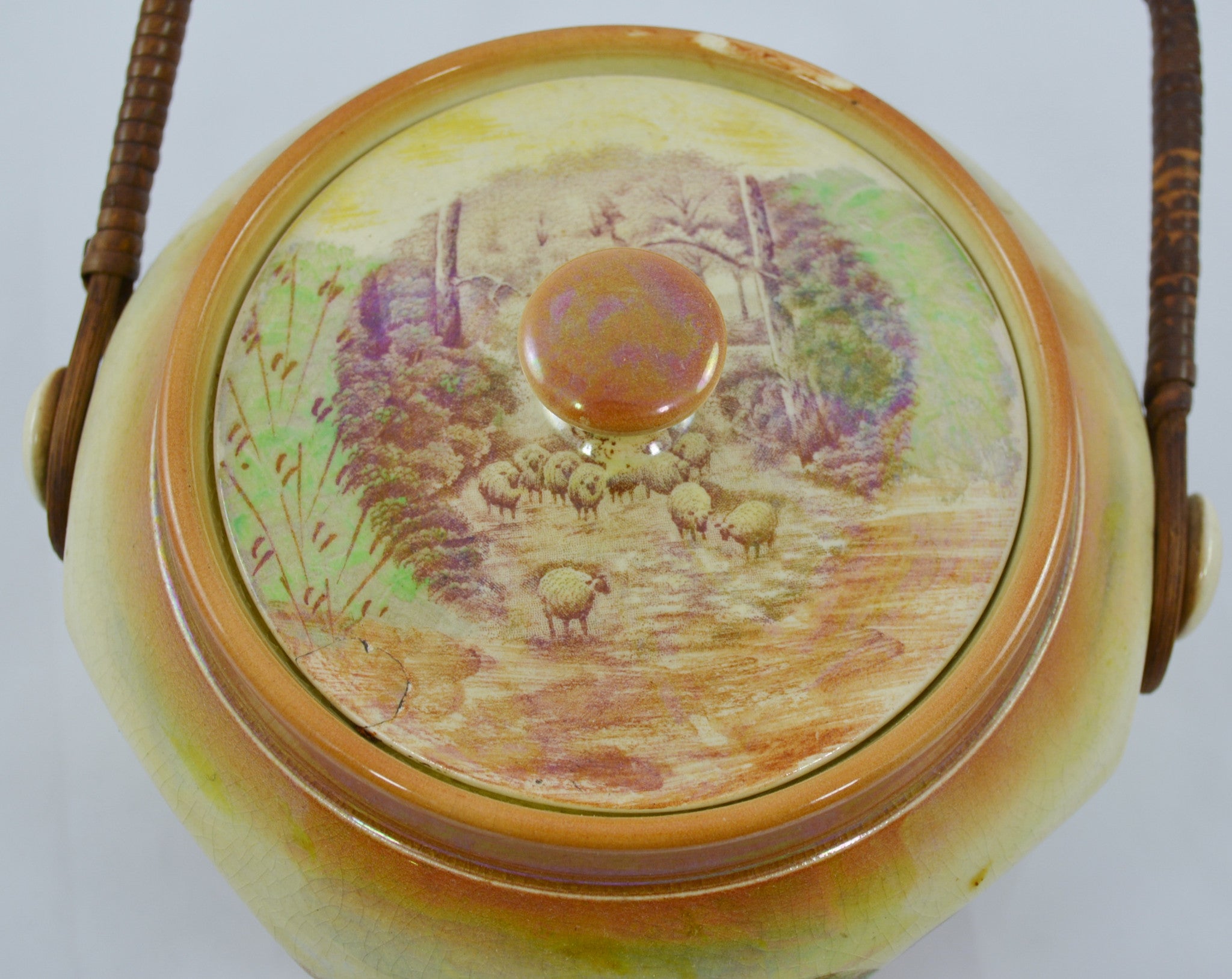 Arthur Wood Rural Scenes Brown Transferware Octagon Biscuit Barrel wit