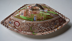 Brown English Transferware Chinoiserie Crescent Shaped Covered Dish Tu