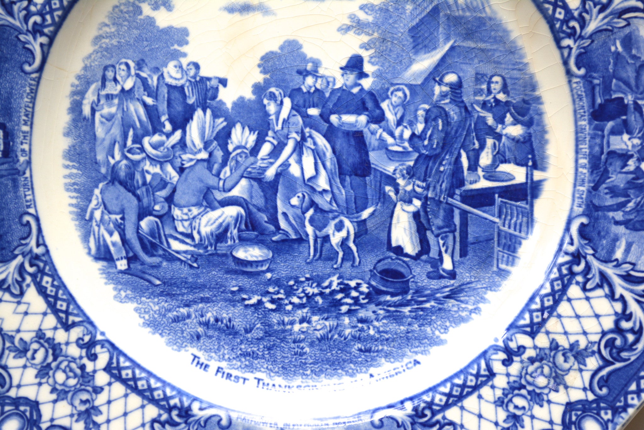 Blue Transferware Plate The First Thanksgiving Colonial Times American