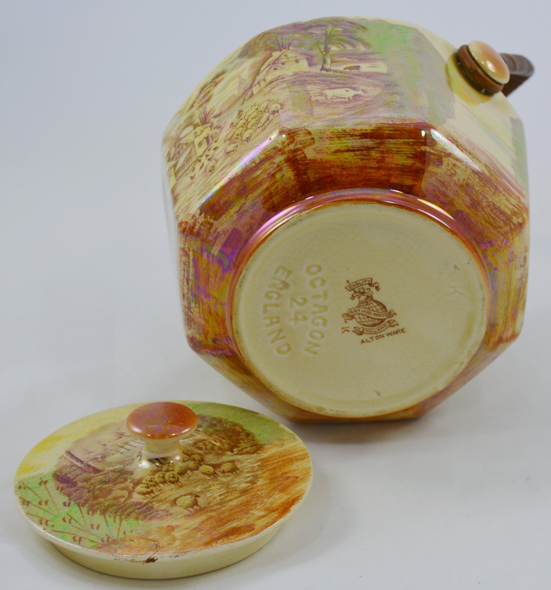 Arthur Wood Rural Scenes Brown Transferware Octagon Biscuit Barrel wit