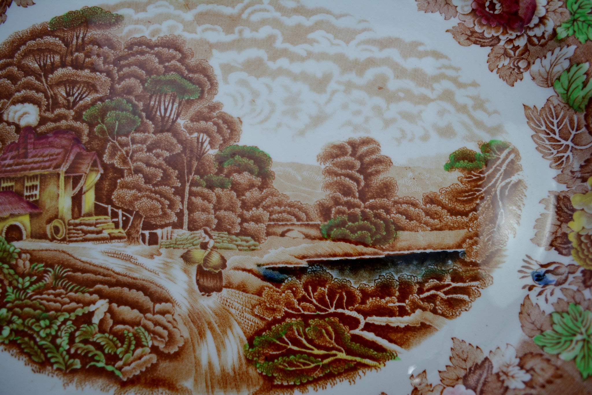large VINTAGE Brown Toile TRANSFERWARE French Country Peasant Farm Gir