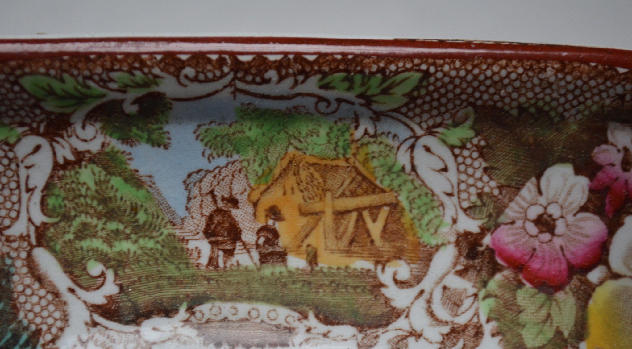Antique Adams Octagonal Brown Polychrome Transferware Tab Handled Ture