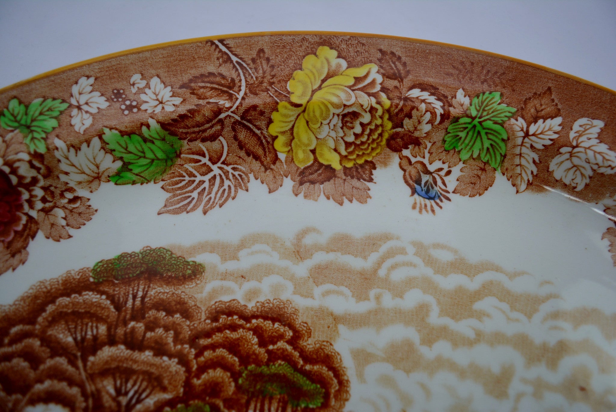 large VINTAGE Brown Toile TRANSFERWARE French Country Peasant Farm Gir