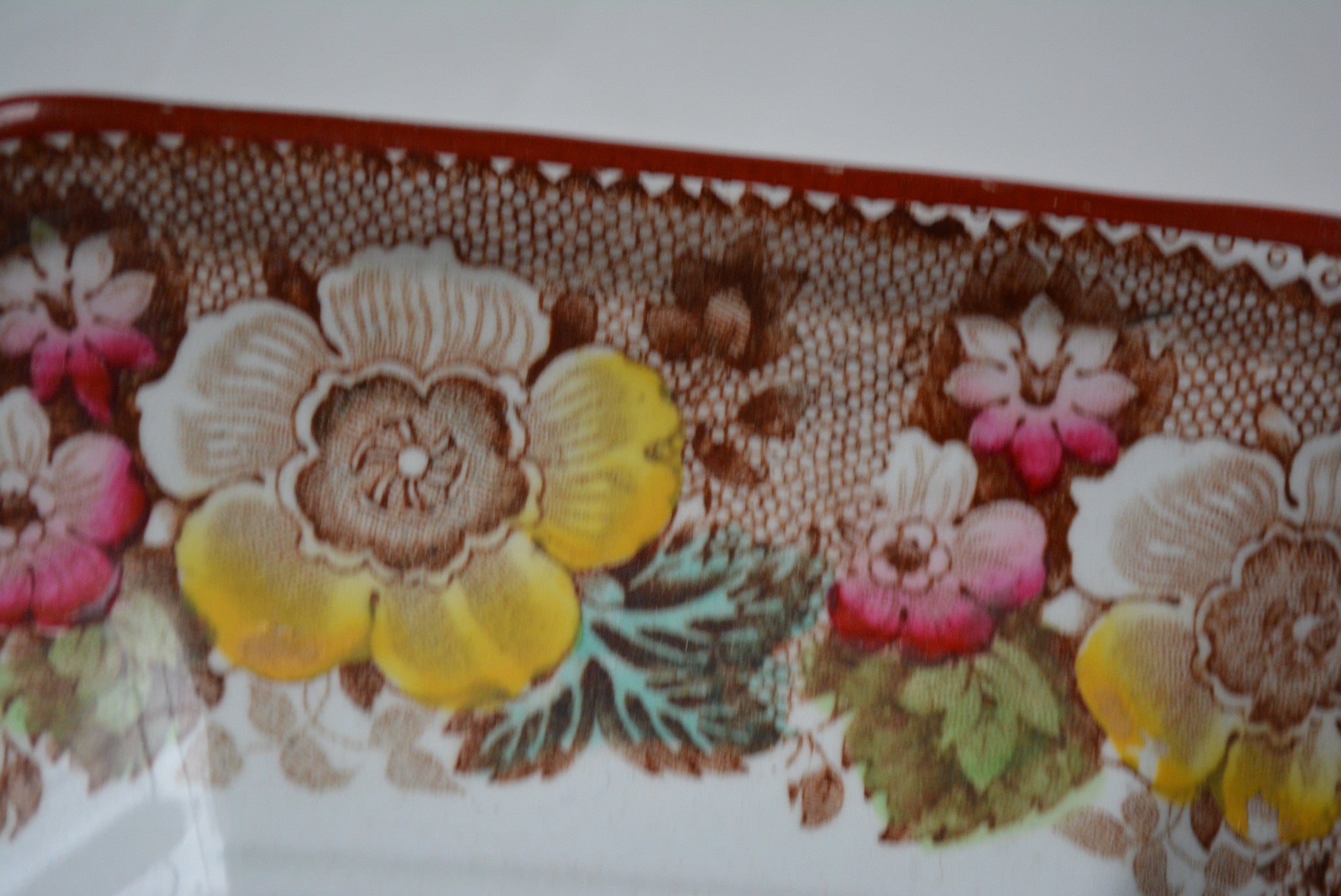 Antique Adams Octagonal Brown Polychrome Transferware Tab Handled Ture