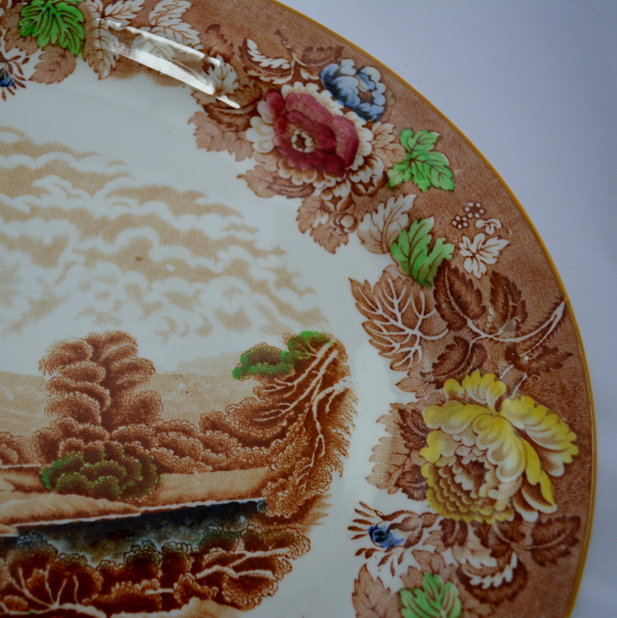 large VINTAGE Brown Toile TRANSFERWARE French Country Peasant Farm Gir