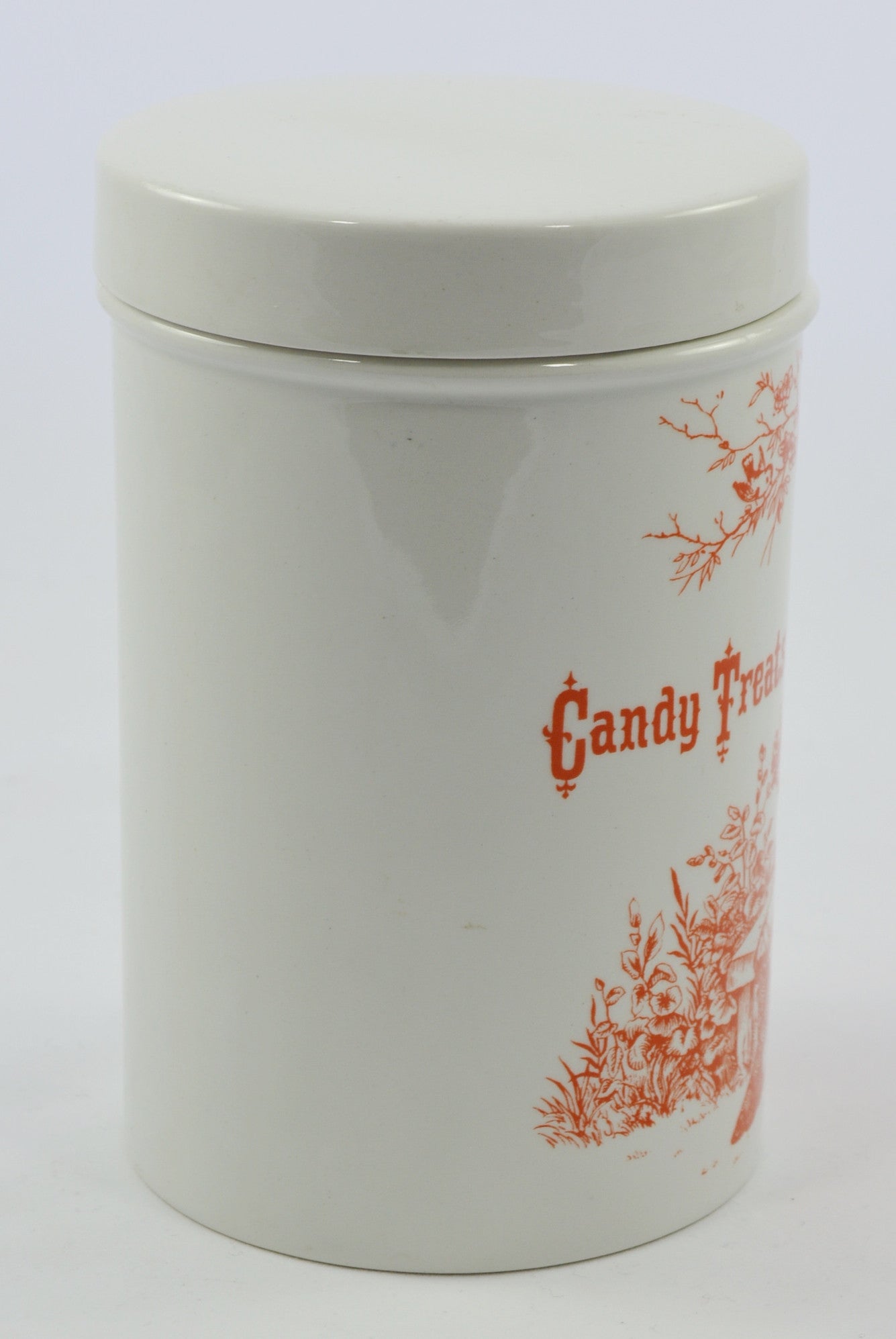 Adorable English Ironstone Candy Treats Jar Orange Print with Little G