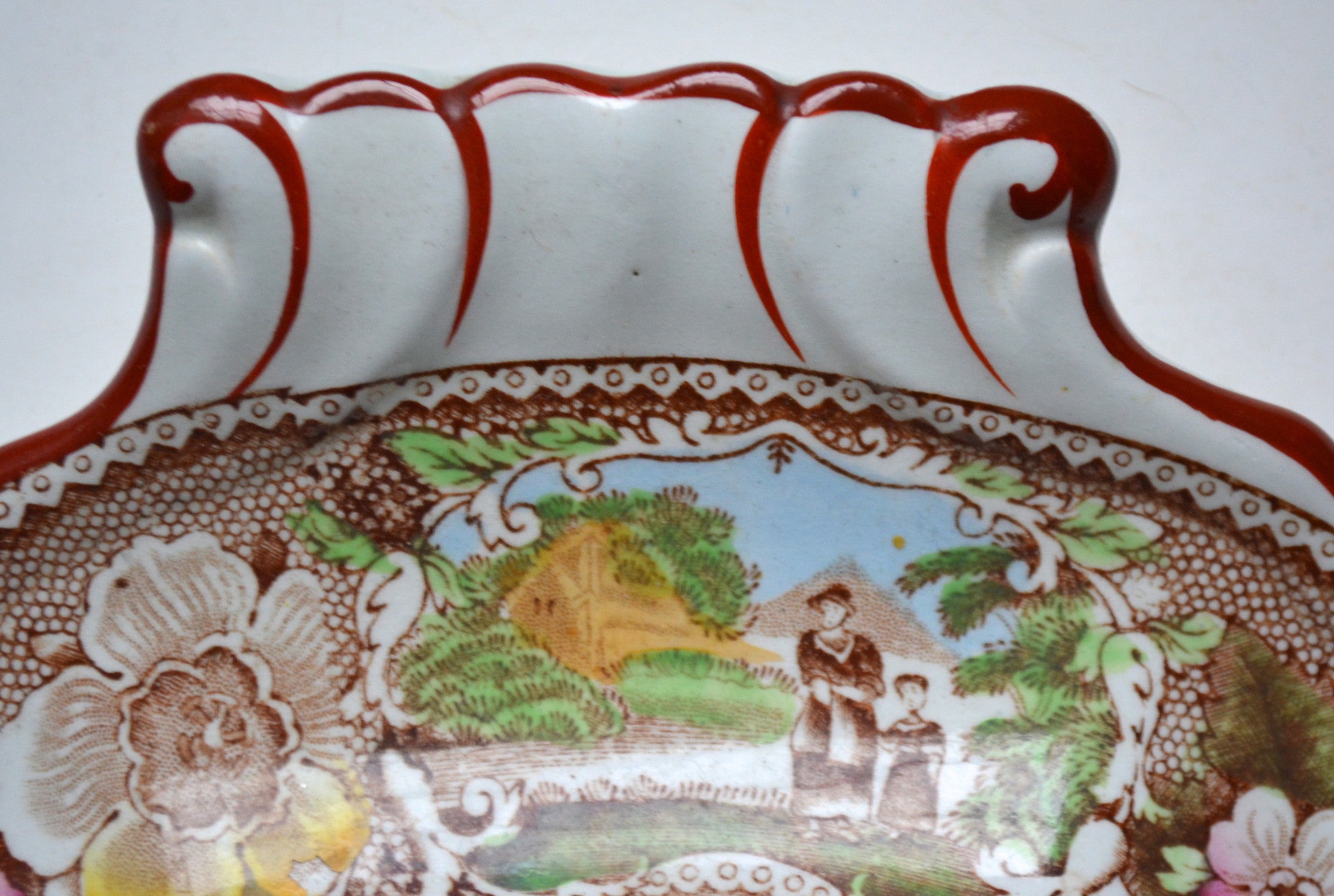 Antique Adams Octagonal Brown Polychrome Transferware Tab Handled Ture
