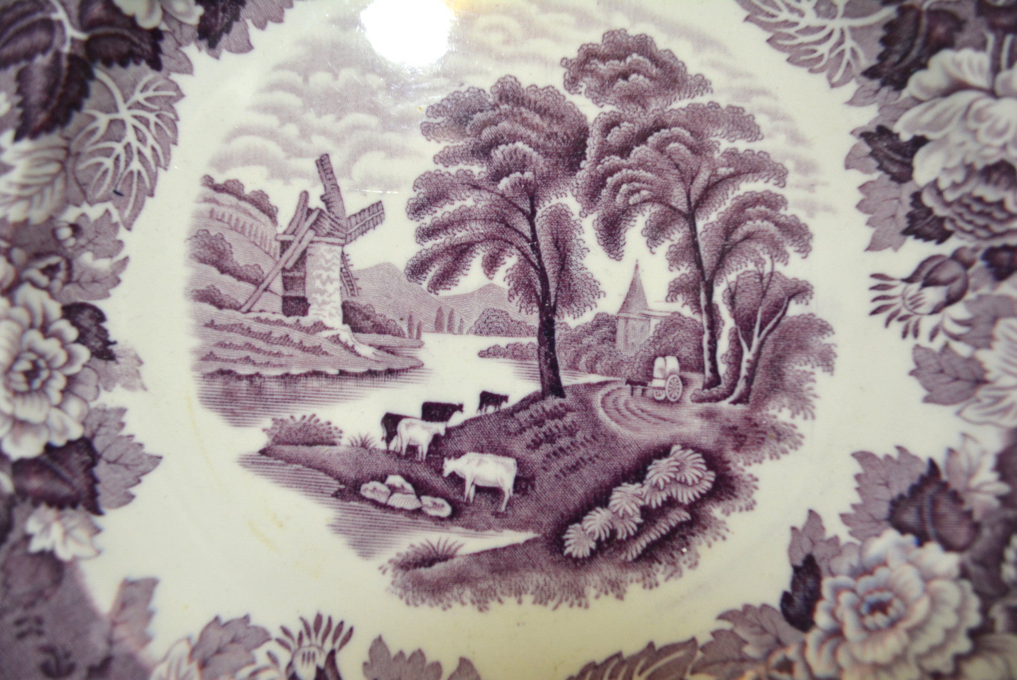 RARE Black Purple 2 Color Transferware Spode Plate Landscape Fountains