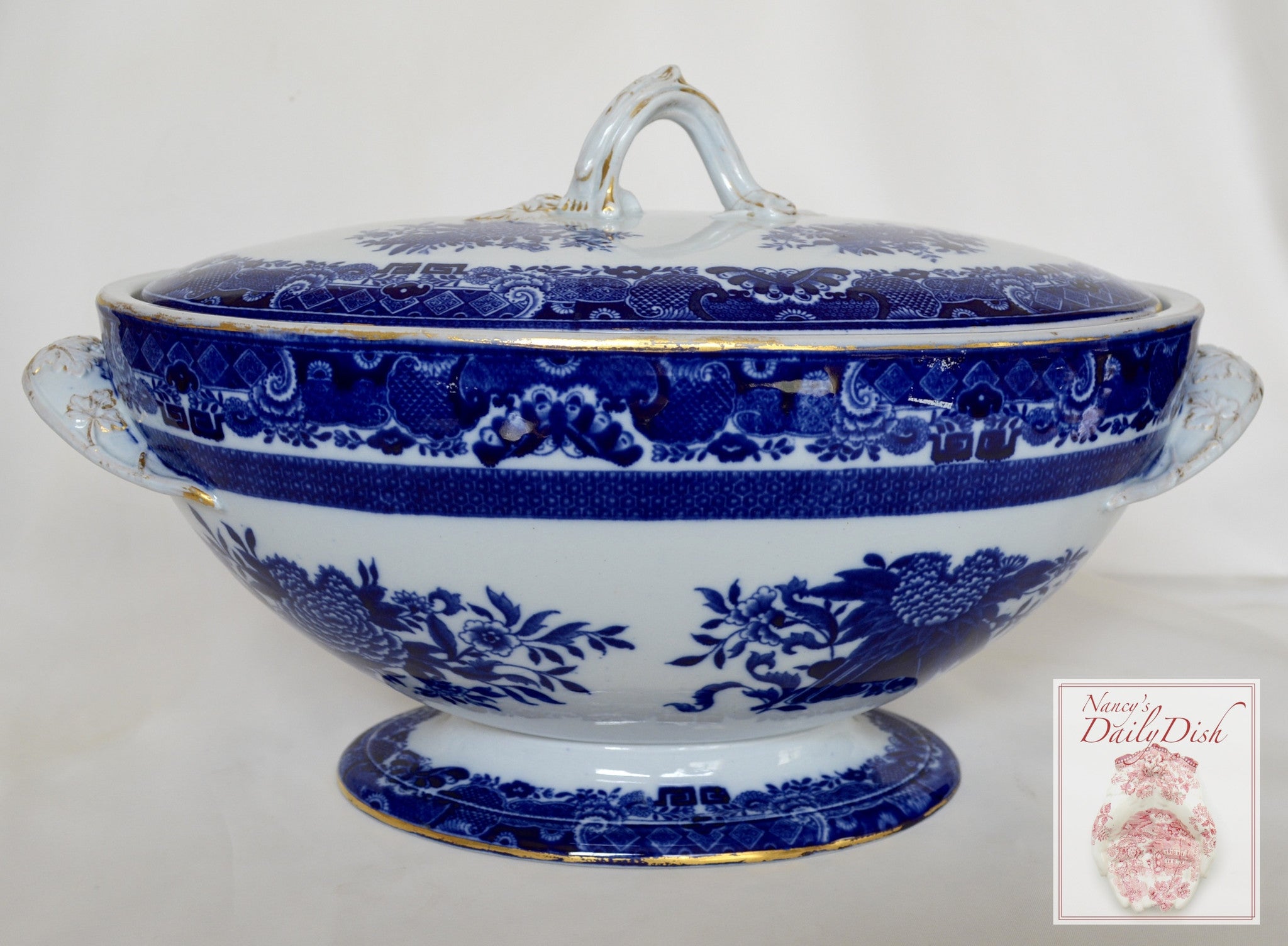 Antique Flow Blue Chinoiserie Copeland Spode Transferware Soup Tureen