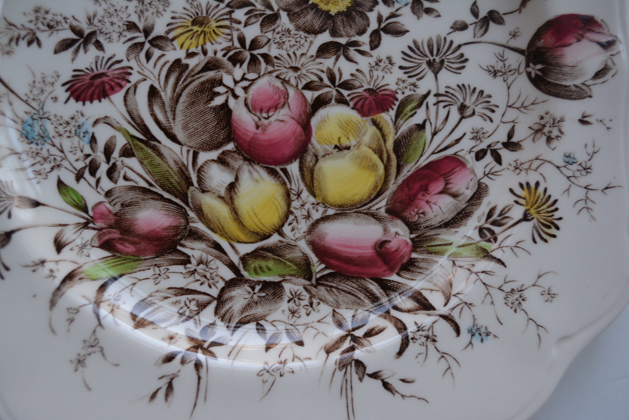 Square Brown Transferware Plate Hand Painted Tulips Roses & Daisies