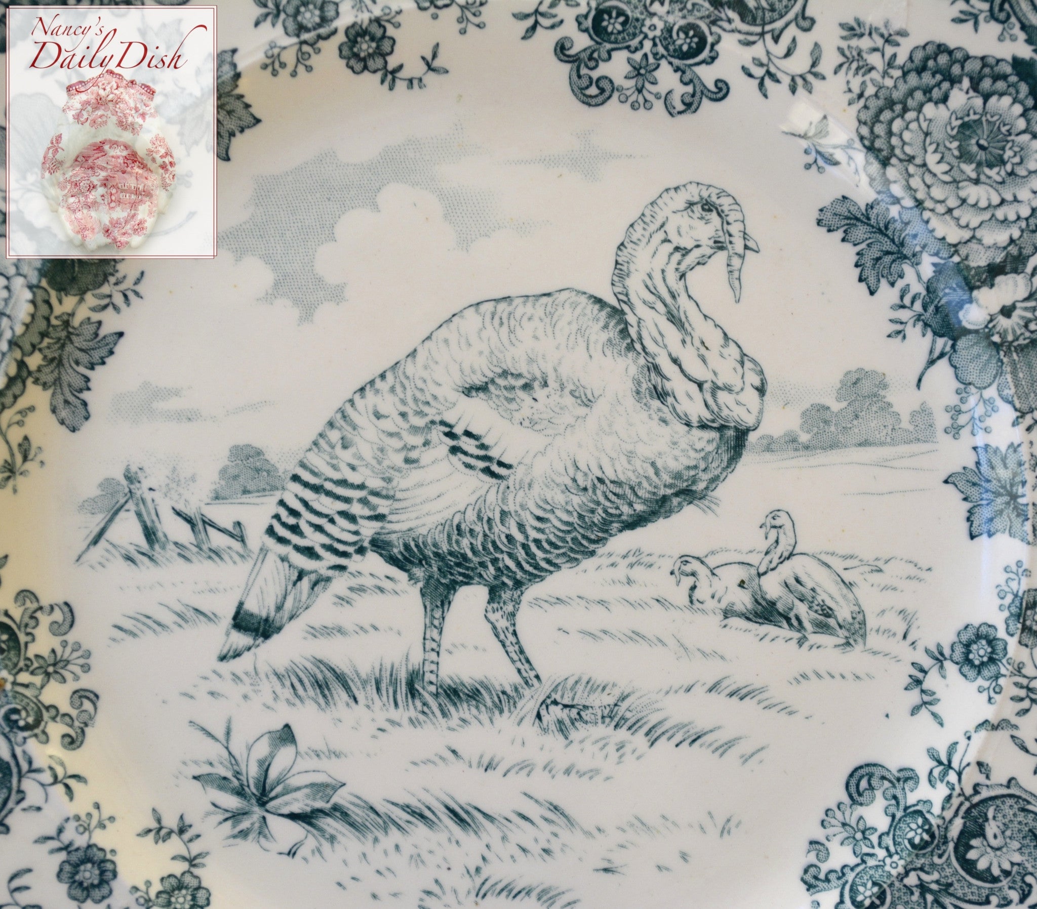 Antique Transferware Blue-Green Turkey Plate Ridgway Staffordshire Bee