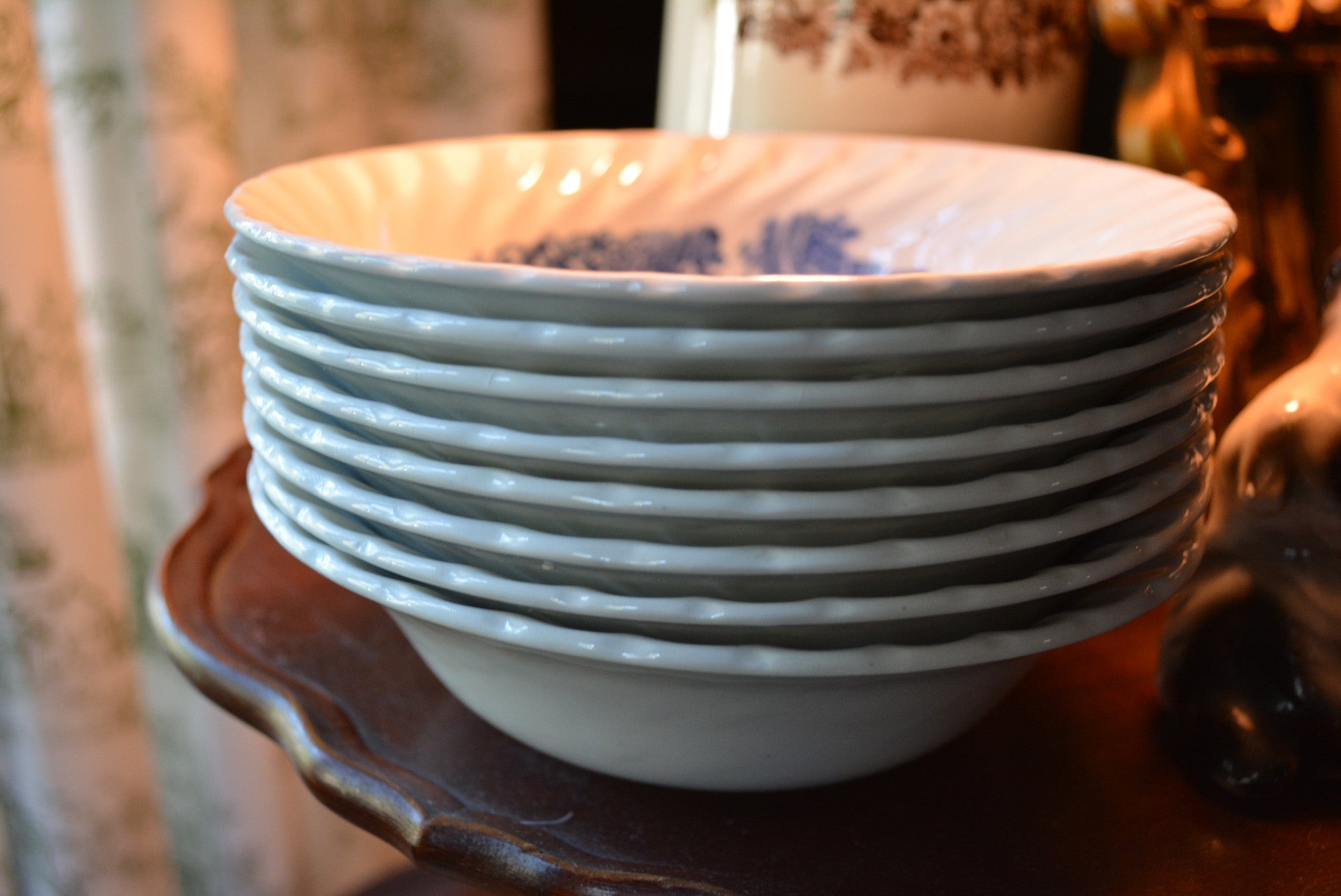 Set of 8 Blue & White Transferware Cereal / Soup Bowls English Transfe