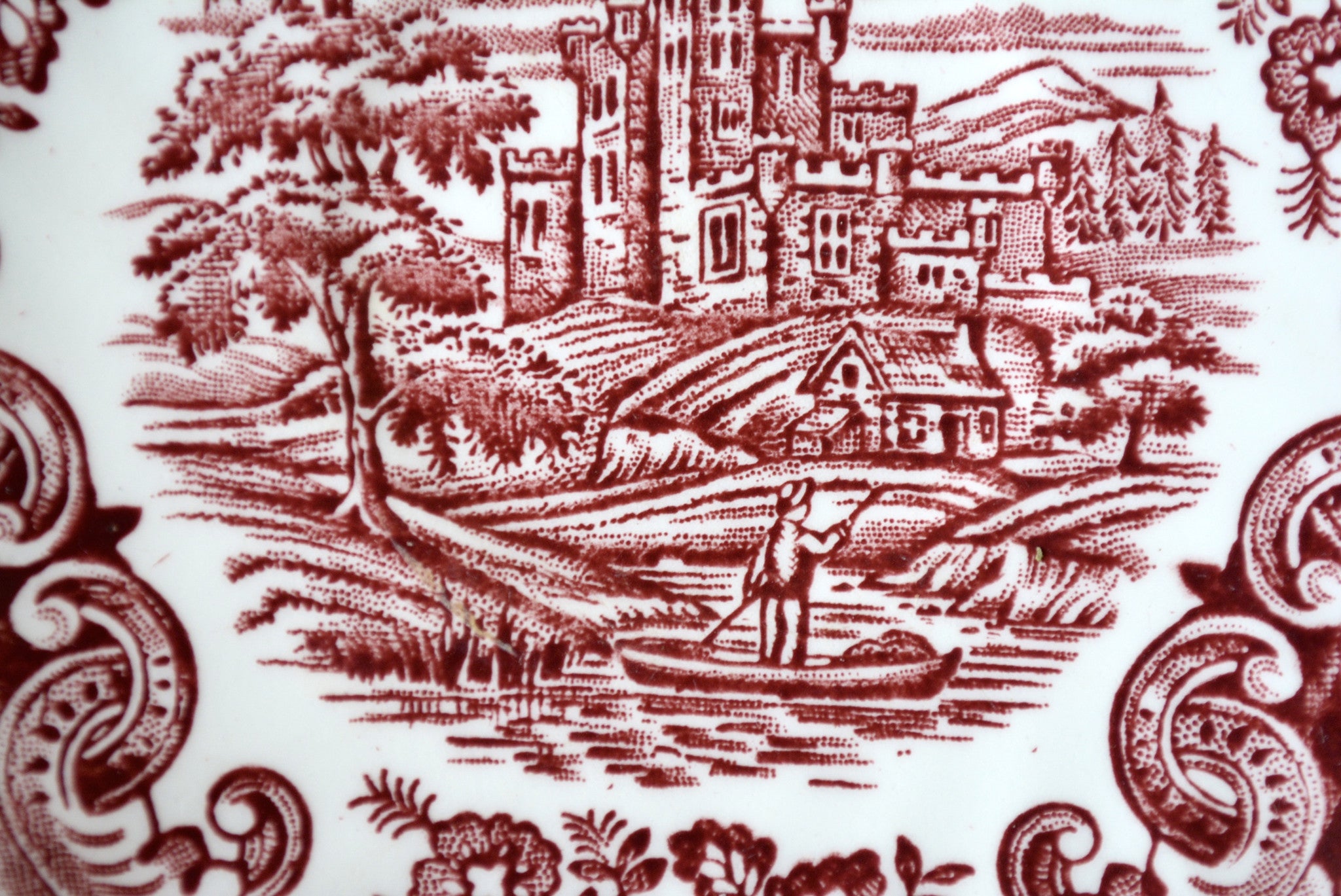 Red Transferware Plate English Row Boat on the River with Roses & Scro