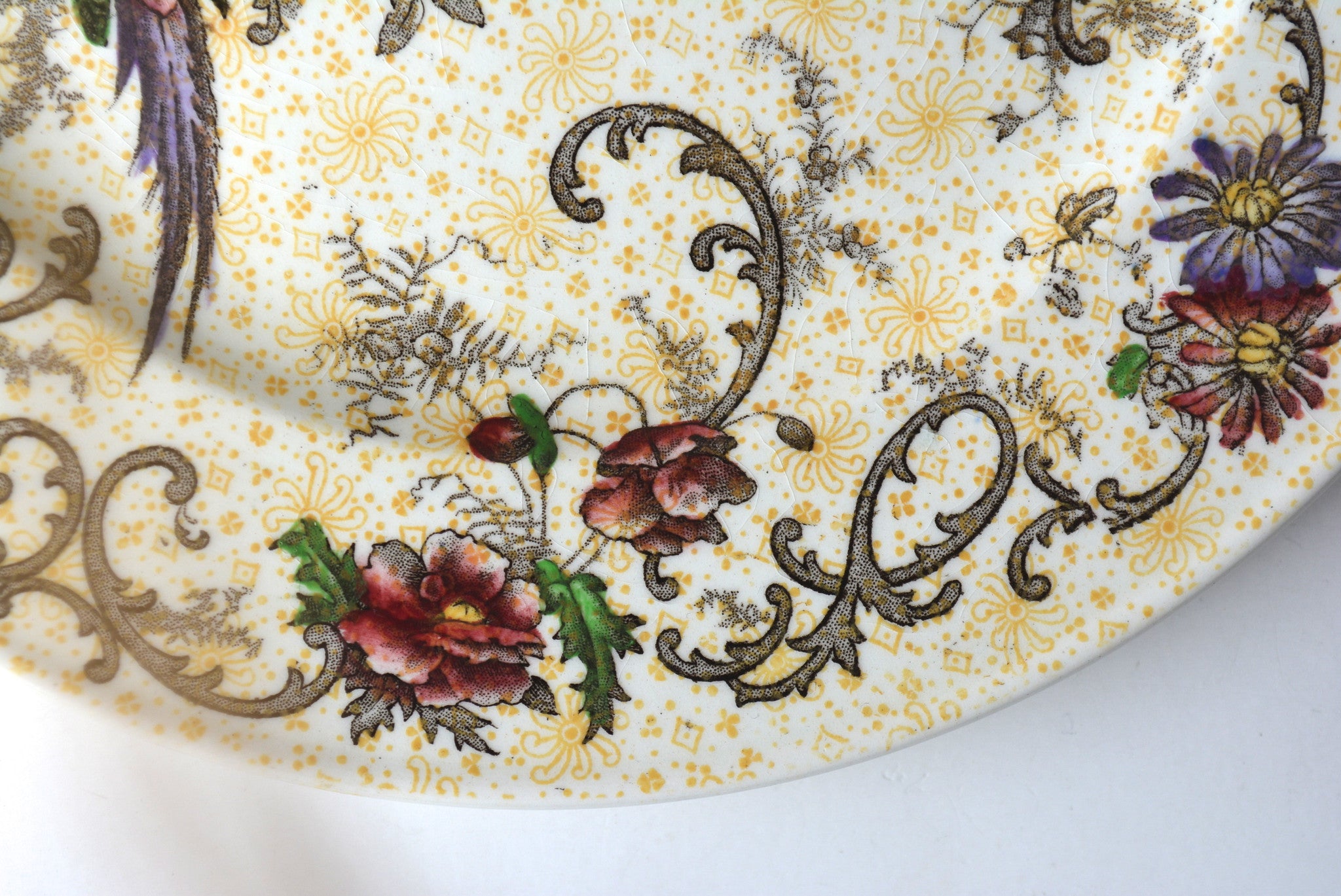 Antique Yellow Transferware Polychrome Two Color Plate Birds and Flowe
