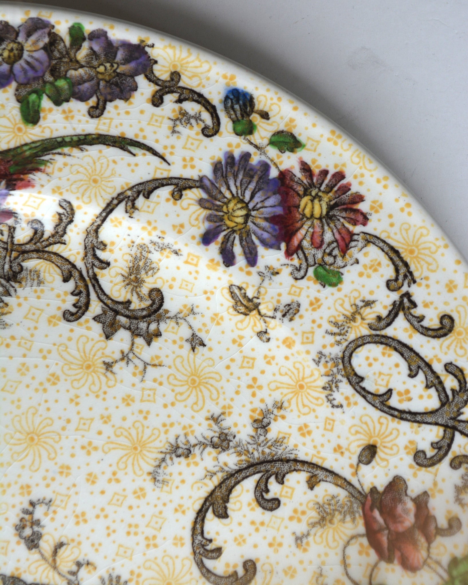 Antique Yellow Transferware Polychrome Two Color Plate Birds and Flowe