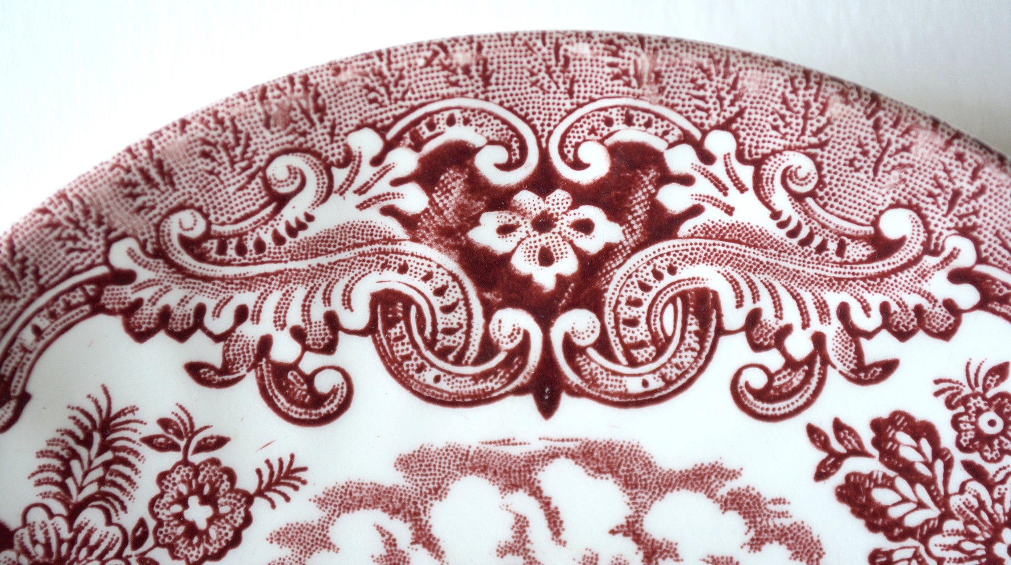 Red Transferware Plate English Row Boat on the River with Roses & Scro