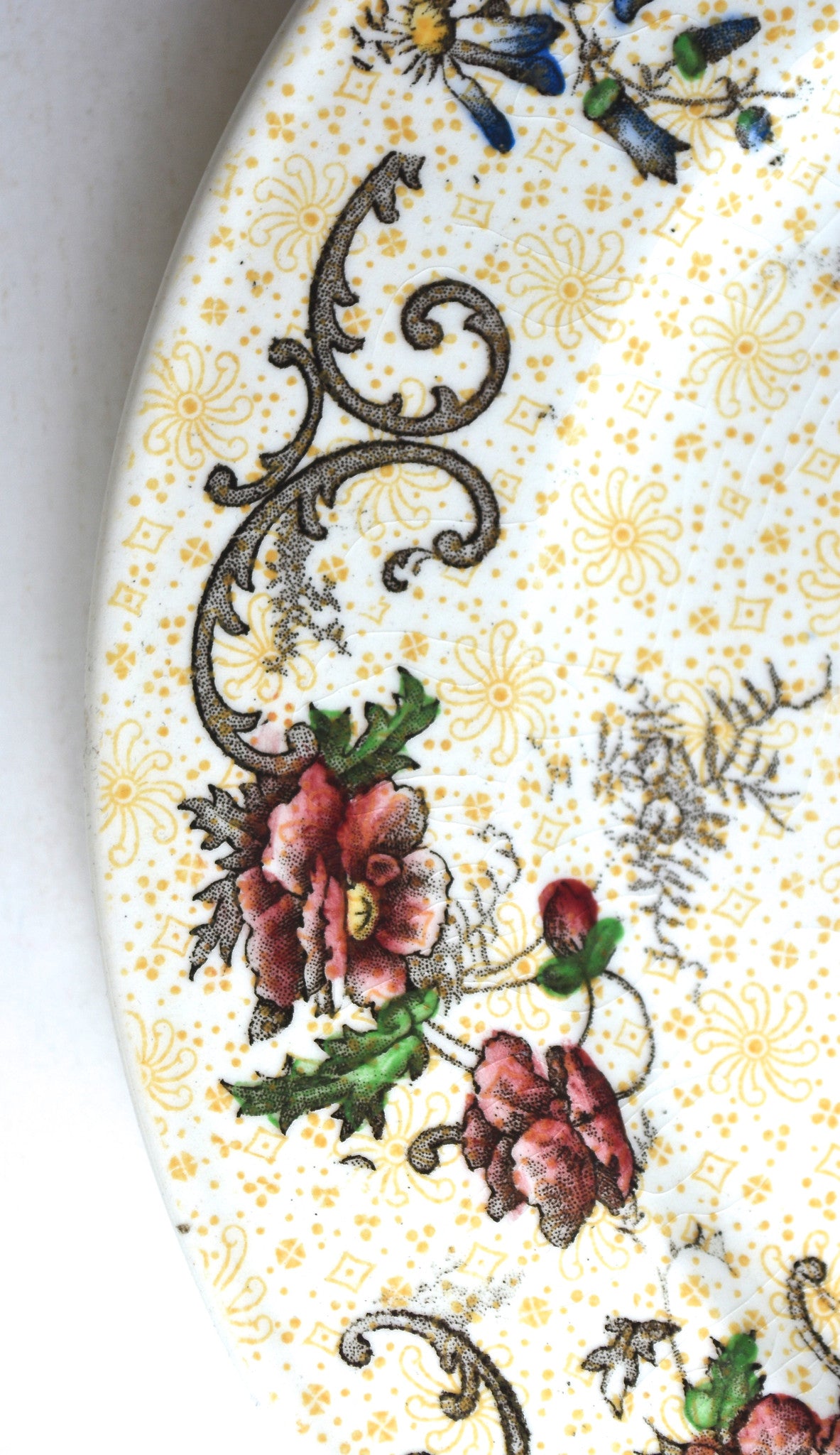 Antique Yellow Transferware Polychrome Two Color Plate Birds and Flowe